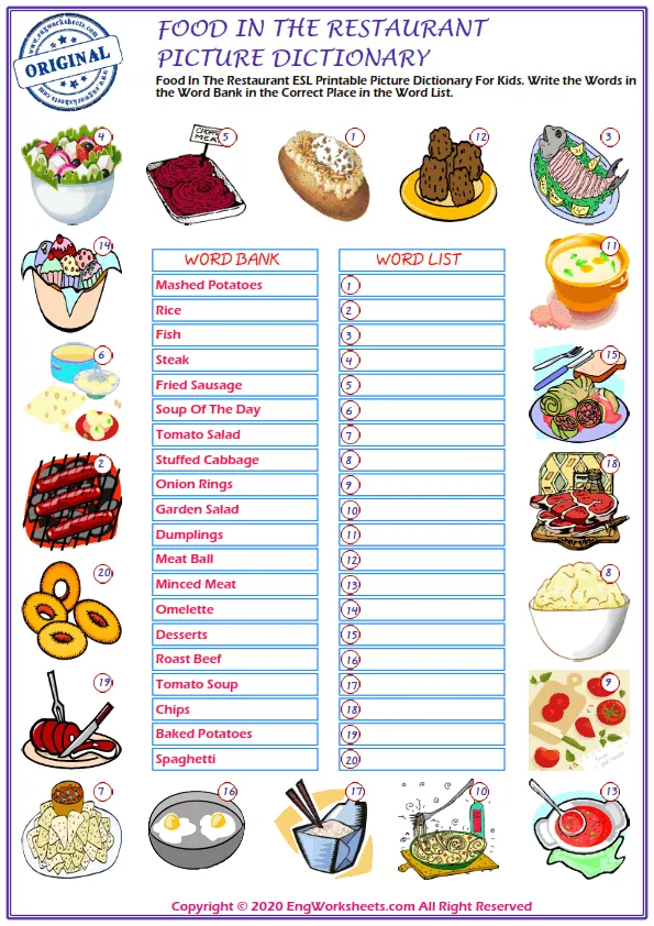 Food In The Restaurant ESL Printable Picture Dictionary For Kids. Write ... Food In The Restaurant ESL Printable Picture Dictionary For Kids. Write ...