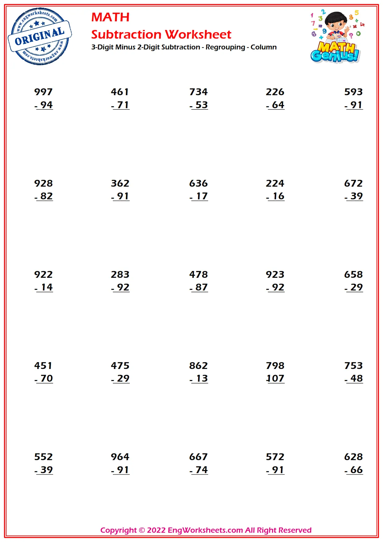 3-Digit Minus 2-Digit Subtraction - Regrouping - Column Worksheets and ... 3-Digit Minus 2-Digit Subtraction - Regrouping - Column Worksheets and ...