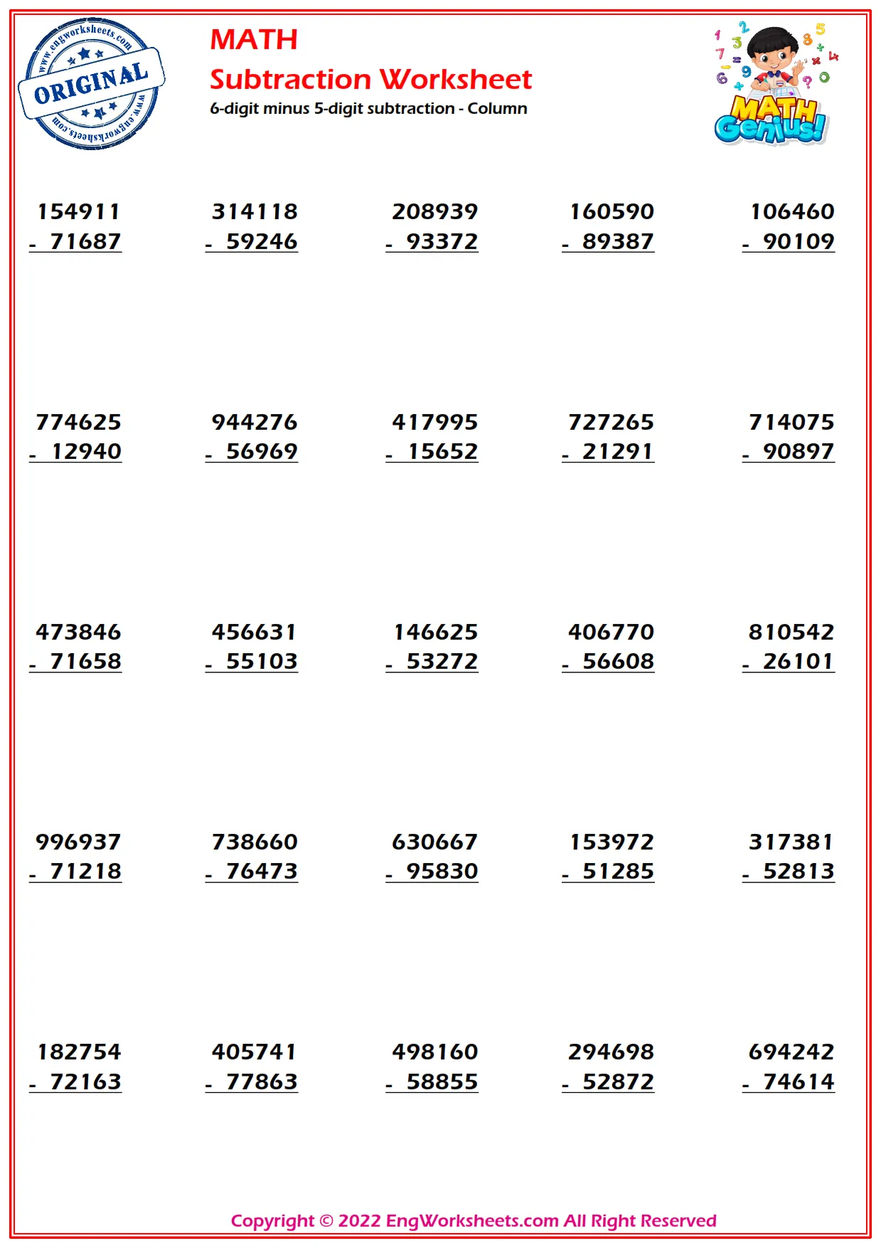 6-digits minus 5-digits subtraction Worksheets and Exercise - Engworksheets 6-digits minus 5-digits subtraction Worksheets and Exercise - Engworksheets